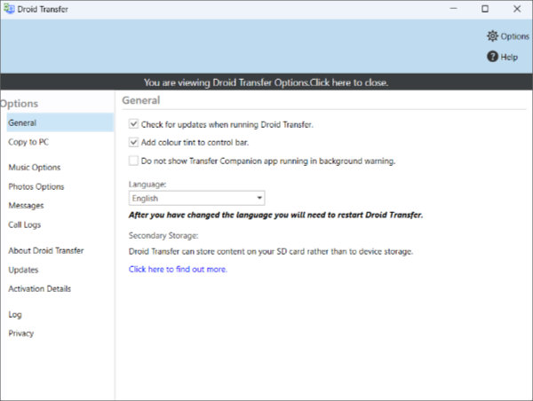 Droid Transfer Options and Customization